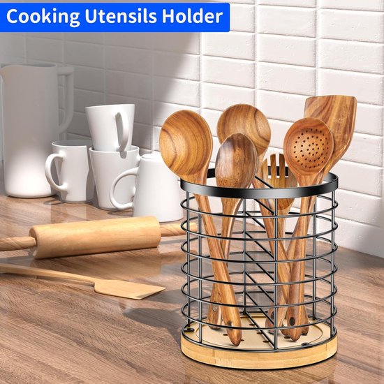 Kitchen Utensil Holder, Stainless Steel + Wooden Base Utensil Holder ...
