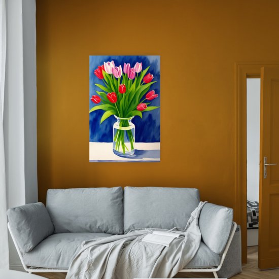 Rode tulpen schilderij 50x70 cm - Canvas schilderij - Stilleven schilderij - Bloemen... | bol