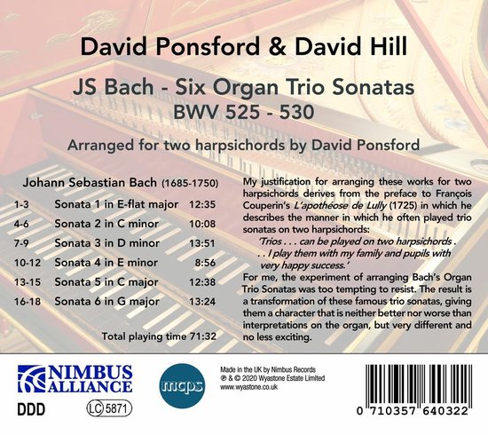 David Ponsford & David Hill - J.S. Bach: Trio Sonatas (Bwv 525 - 530 ...