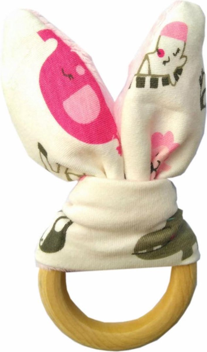 Houten bijtring kleur wit met roze - bijtring hout met oortjes - baby ...