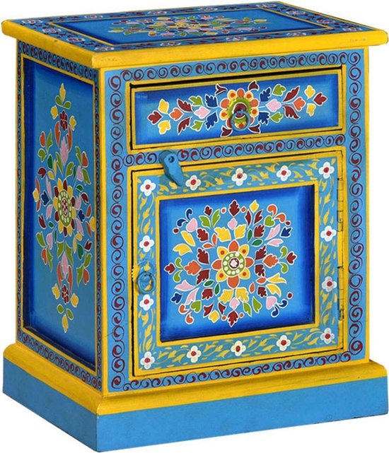 Nachtkastje handgeschilderd massief mangohout turquoise | bol.com
