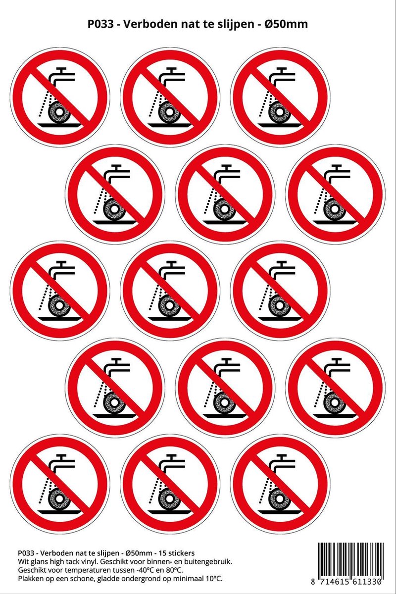 Pictogram sticker P033 - Verboden nat te slijpen - Ø 50mm - 15 stickers ...