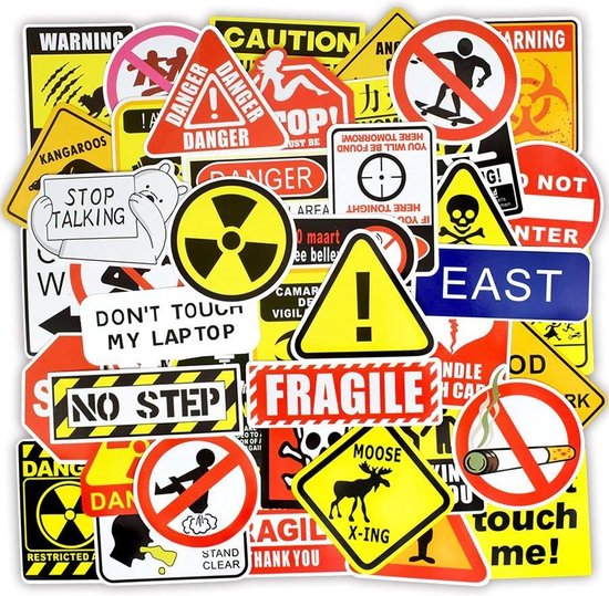 Funny signs sticker mix met 50 waarschuwingen, borden, tekens, grappige ...