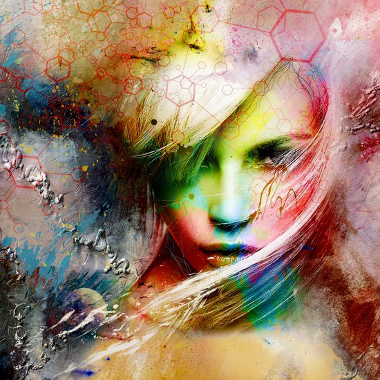 Tuinposter - Vrouw / Gezicht / Foto Art - Wit / zwart / rood / groen ...