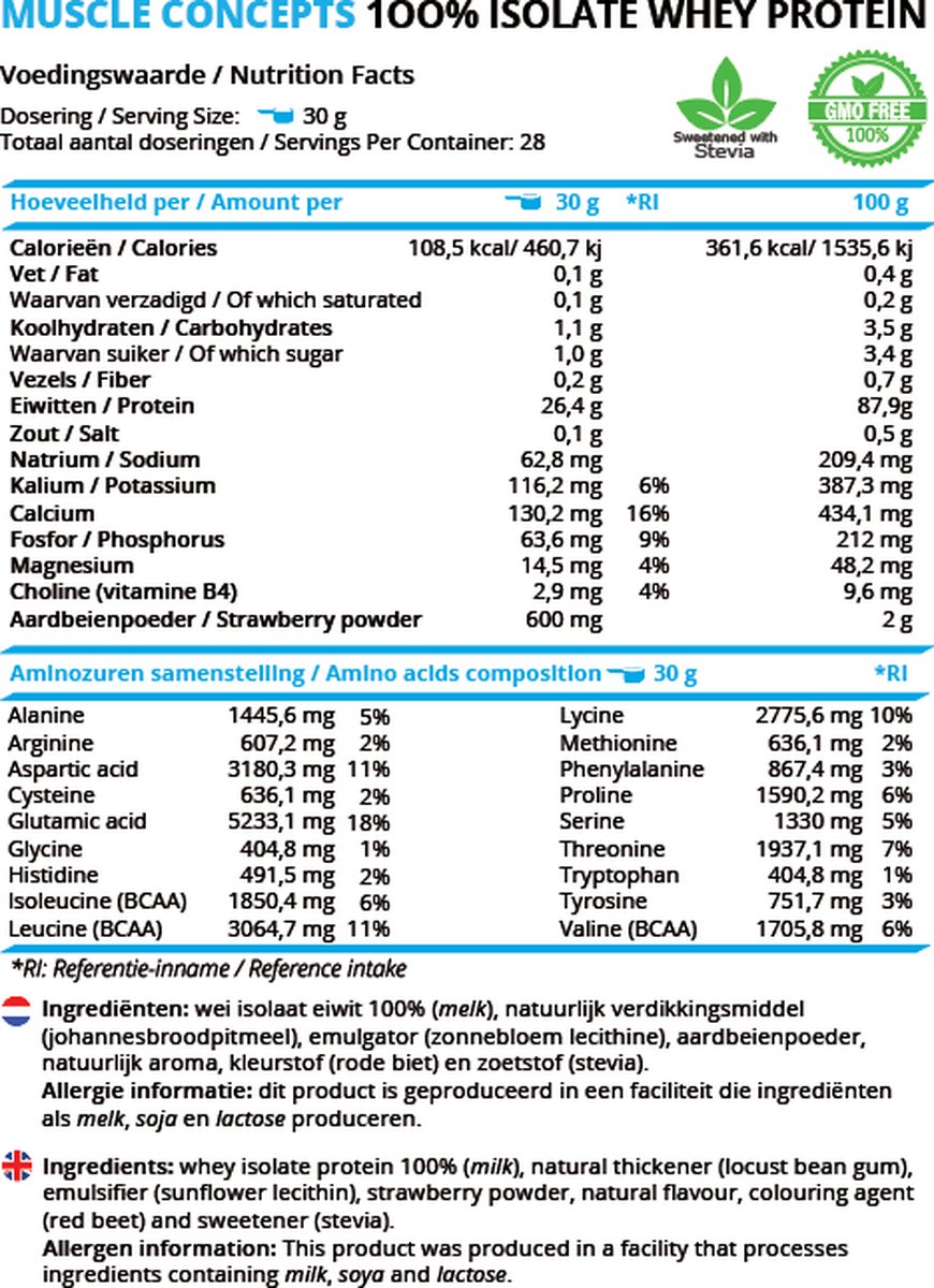 100% Isolate Whey Protein | Muscle Concepts - Poeder - Aardbei smaak ...