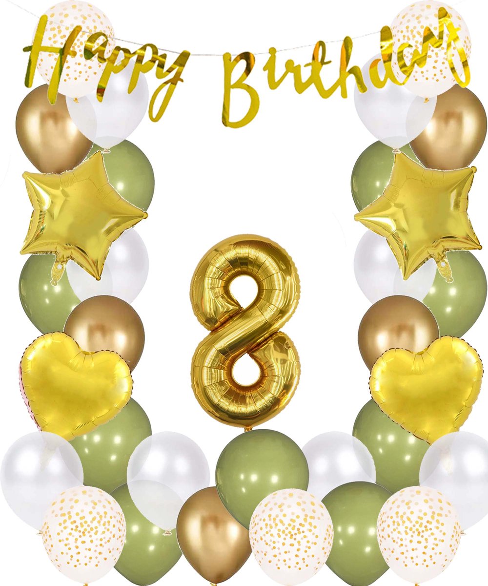 Snoes Ballonnen 8 Jaar Wit Olijf Groen Goud Mega Ballon - Compleet ...