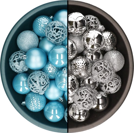 Decoris kerstballen - 74x st - zilver en ijsblauw - 6 cm - kunststof | bol