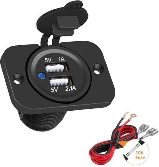 Dual USB stopcontact + Aansluitsnoer - 12V/24V - 5V/3.1A - PUSB1-3.1 ...