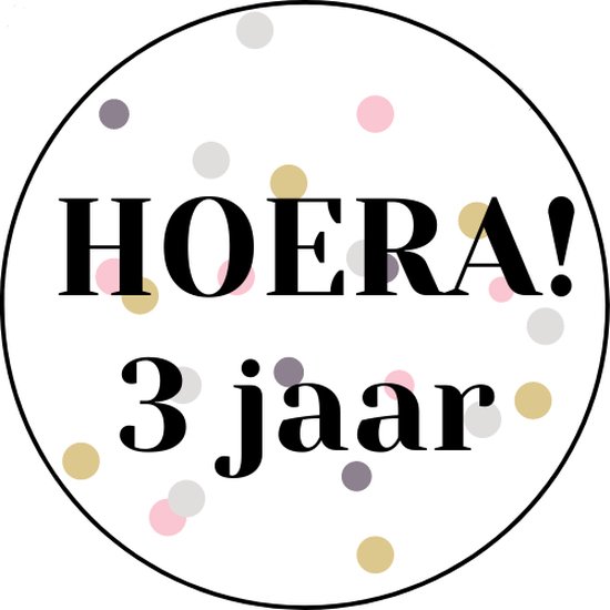 Hoera 3 jaar sticker - verjaardag - sluitzegel - wit - confetti - 20 ...