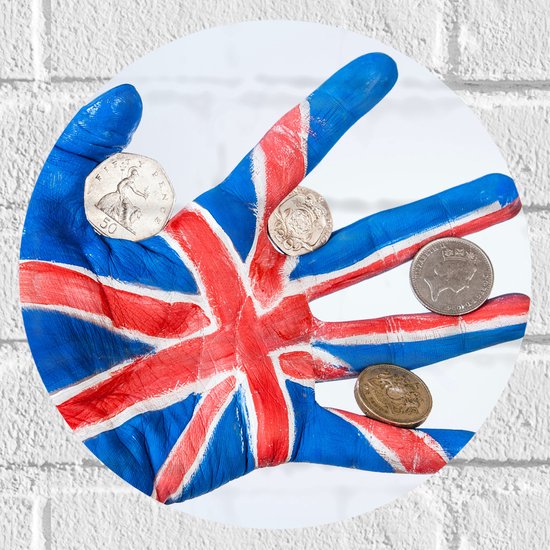 Muursticker Cirkel - Engelse Vlag en Valuta op Handpalm - 30x30 cm Foto ...