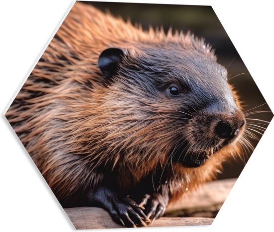 PVC Schuimplaat Hexagon - Bever hangt met poten over stuk hout heen ...