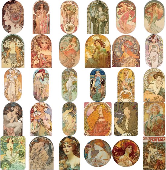 60 kleine Alfons Mucha stickers - 3,5x5,5CM - Kunststickers voor laptop ...