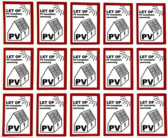 15 stuks 50x35 mm PV Sticker NEN1010 - LET OP: PV installatie aanwezig ...
