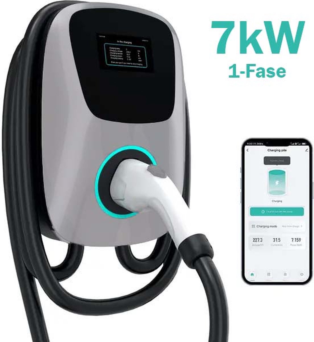 Proton® | Wallbox 1 fase 7kw | Type 2 | WiFi | Auto Laadpaal | 1 Fase - 16A - 32A | 5m... | bol