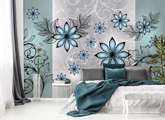 Fotobehang - Vlies Behang - Blauwe Bloemen in Abstract Patroon - 254 x ...