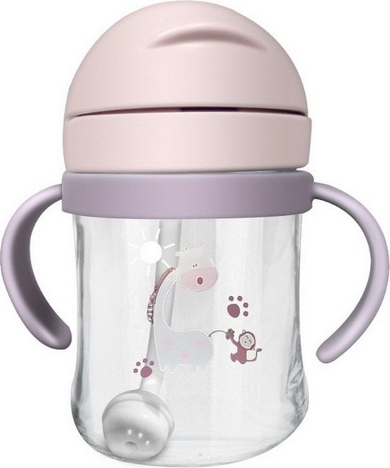Sippy Cup - Drinkbeker met Dop en Rietje - Handvaten - 250ml - Roze - Giraffe | bol.com