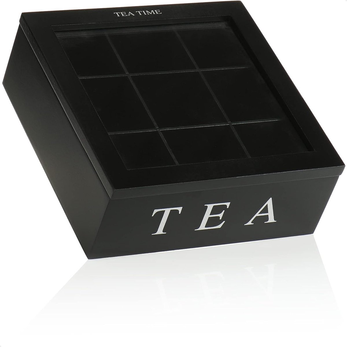 theedoos met 9 vakken - zwarte opbergdoos van hout en glas voor thee ...