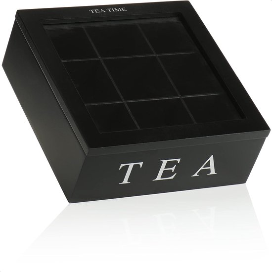 theedoos met 9 vakken - zwarte opbergdoos van hout en glas voor thee ...