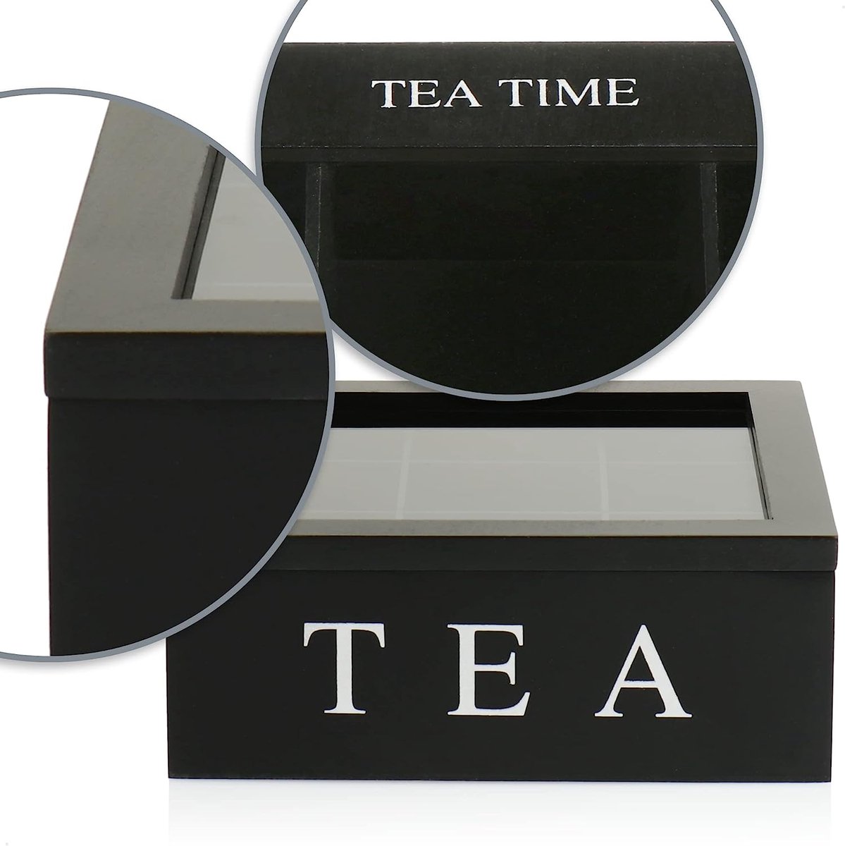 theedoos met 9 vakken - zwarte opbergdoos van hout en glas voor thee ...