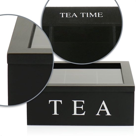 theedoos met 9 vakken - zwarte opbergdoos van hout en glas voor thee ...