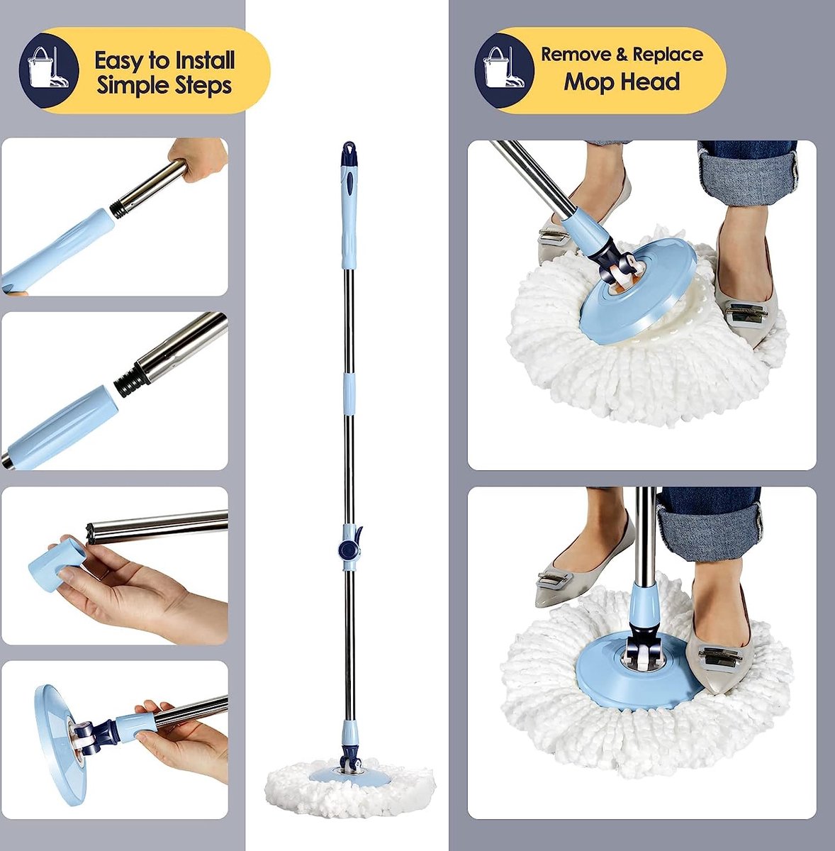 Myiosus Mop and Bucket Set, Schoonmaakemmer met Spin Mop, Vloerwisser met 5 Microvezel... | bol.com