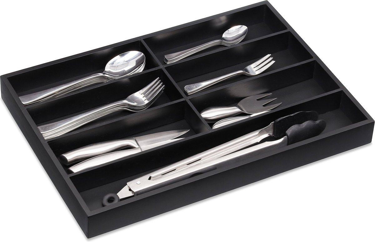 Relaxdays bestekbak zwart - 7 vakken - bestek organizer - bamboe ...