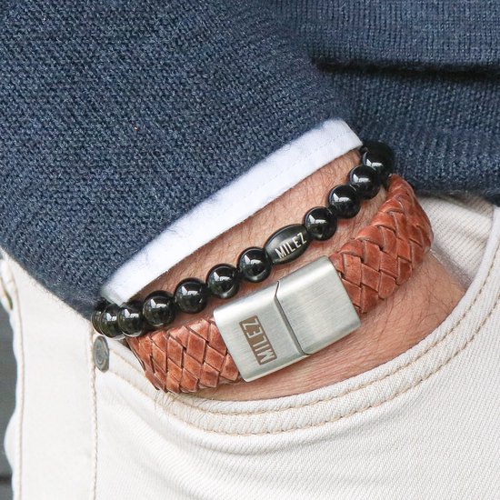 Milez - Armband mannen - armband heren leer breed - Cognac - Maat S | bol