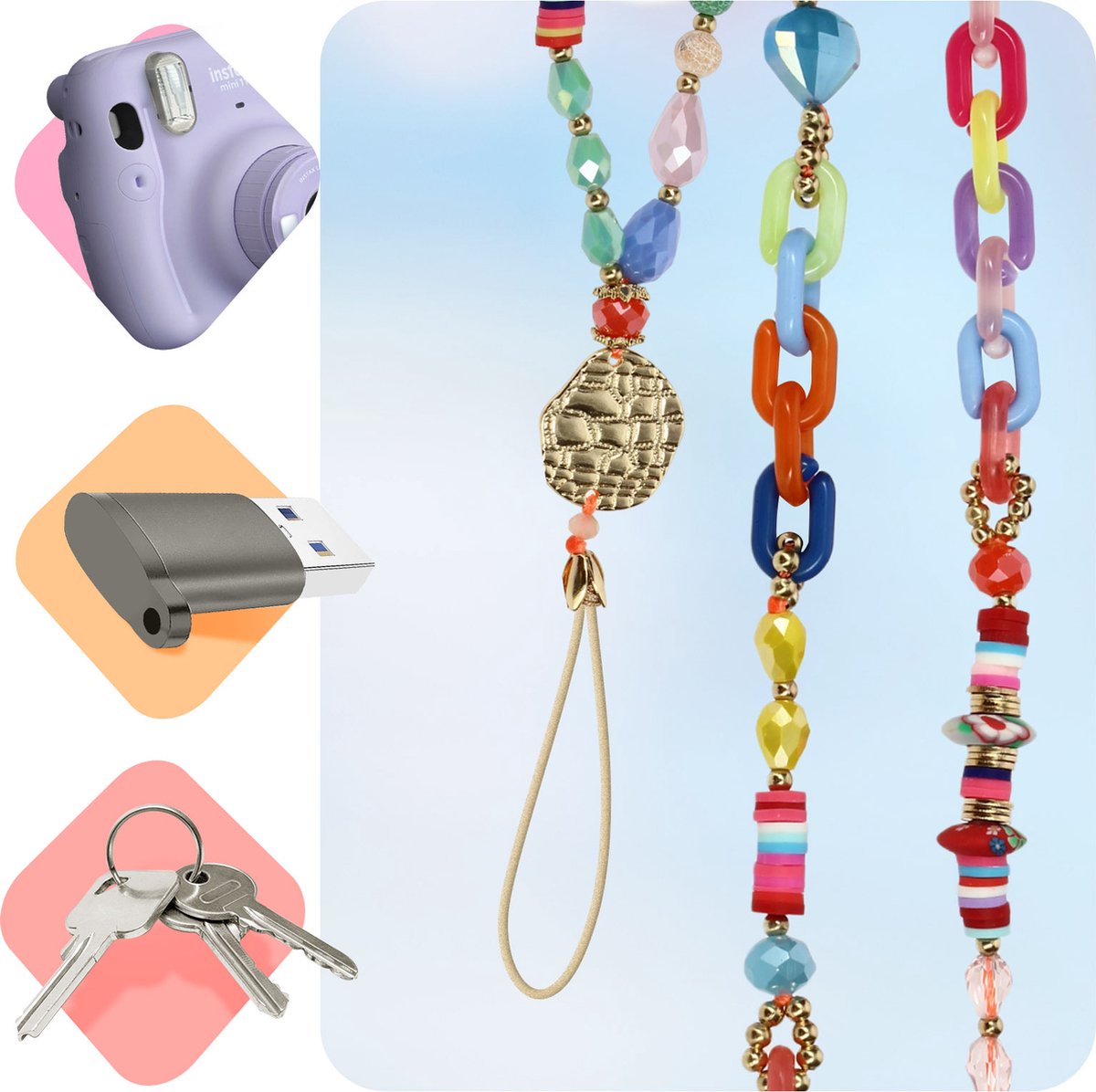 Universele telefoonketting en Heishi-kralen 90 cm + veelkleurige band ...