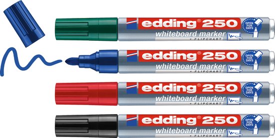 edding 250/4 boardmarker set - zwart, rood, blauw, groen - ronde punt 1 ...