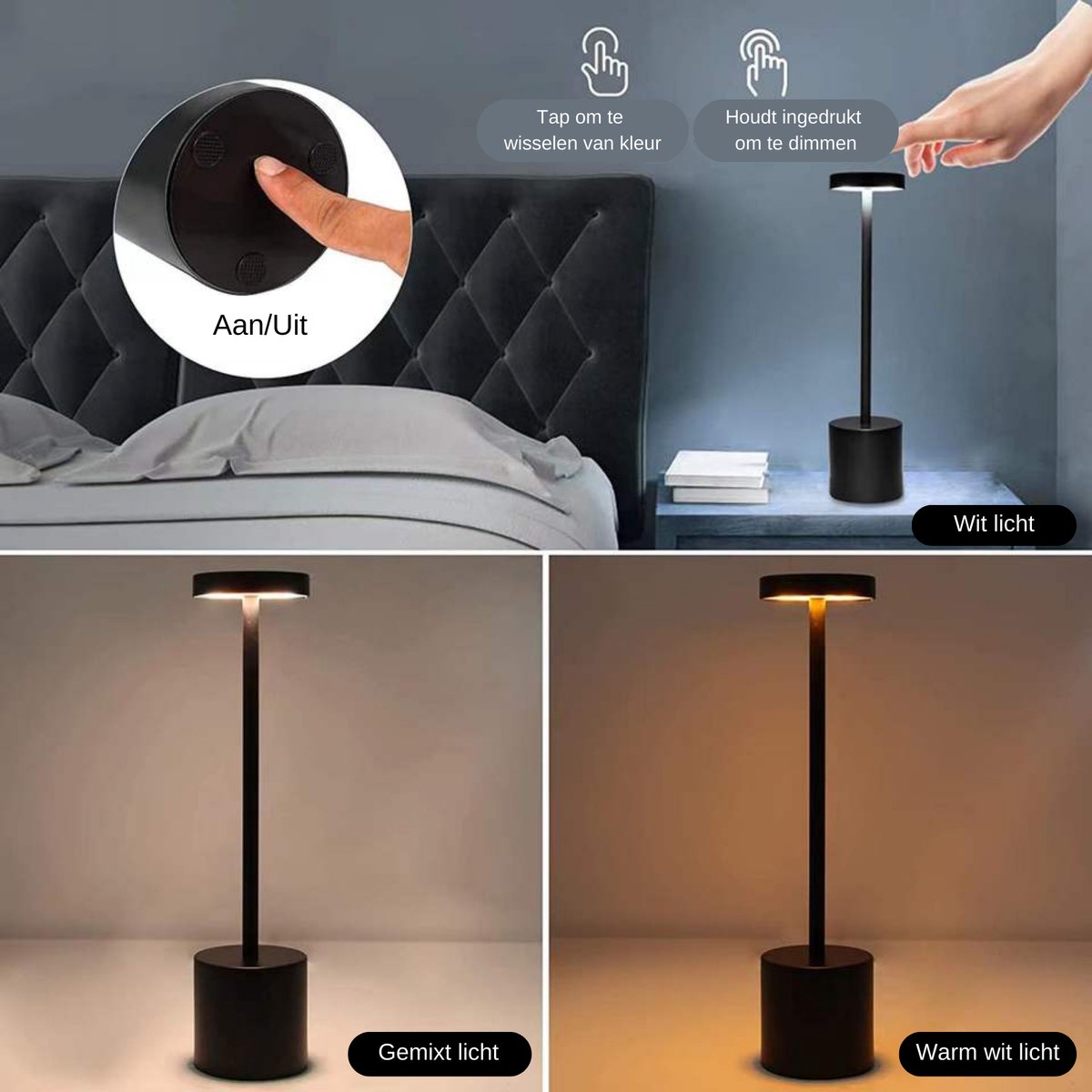 DreamGoods Oplaadbare Tafellamp - 3600mAh - 3 Kleuren Licht - Draadloos ...