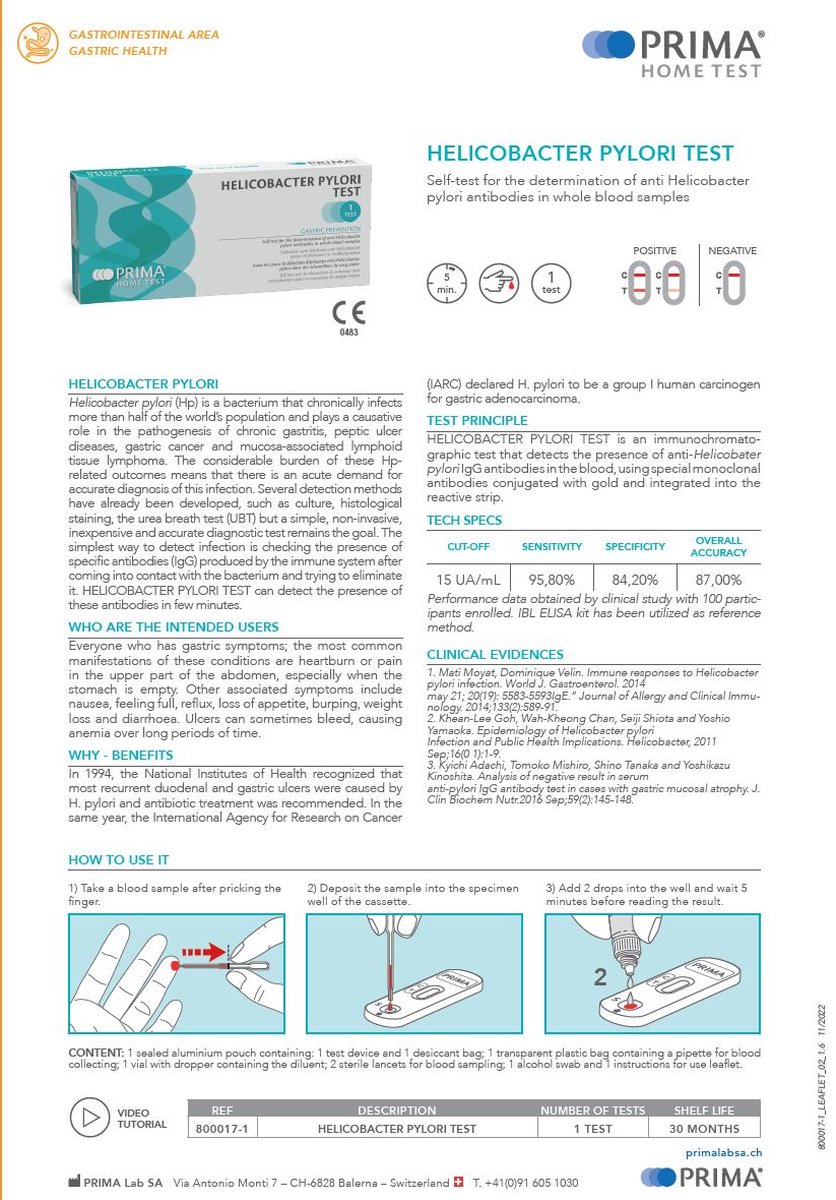 Helicobacter Pylori Antilichamen in volbloed - Prima Lab zelftest - 1 ...