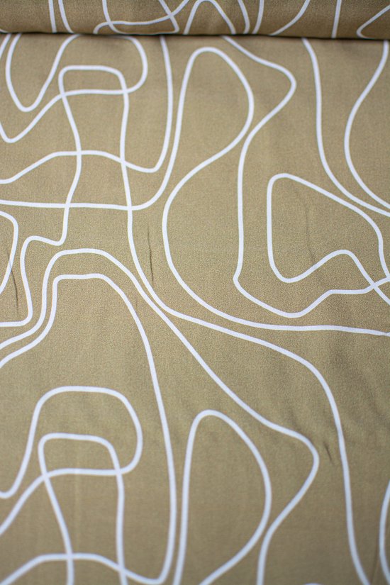 Viscose geel groen met witte abstracte lijnen 3,5 meter - modestoffen ...