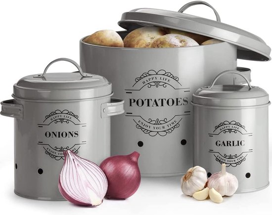 Set van 3 Bewaarpotten voor Uien, Knoflook en Aardappelen - Emaille met ...