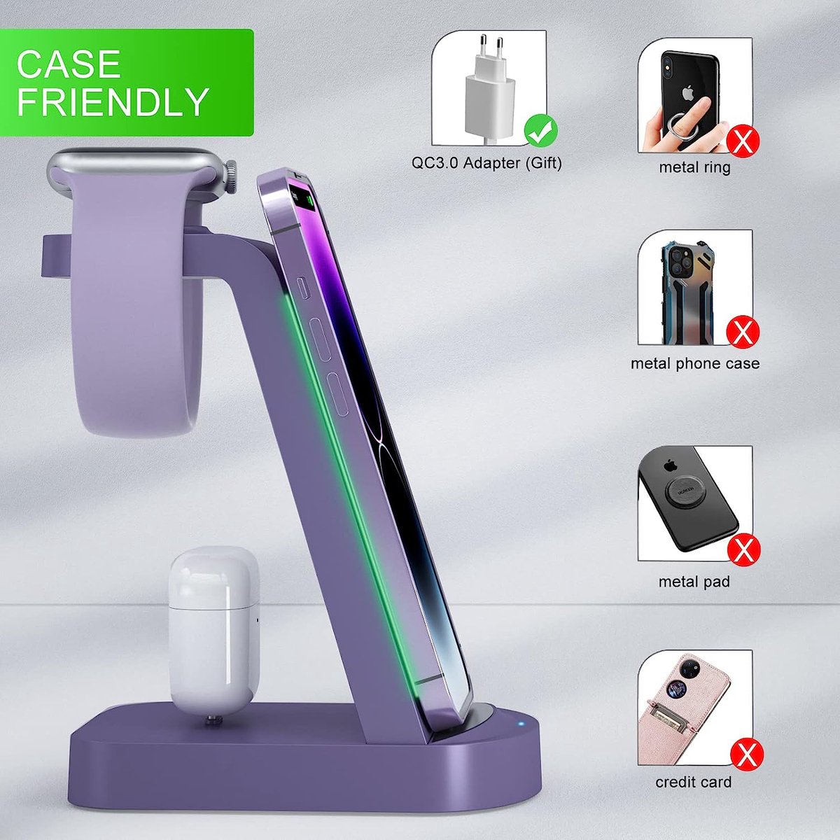 Draadloos laadstation, draadloze oplader, 3-in-1 inductieve draadloze ...