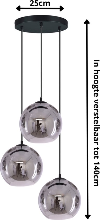 Hanglamp 3-Lichts Bol | Rookglas | Industrieel | Woonkamer | Eetkamer ...