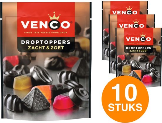 Venco Droptoppers 10 zakken Drop à 215g snoep - Zacht zoet - Zacht snoep - Stazak | bol