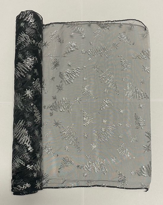 Organza stof op rol 40 x 500 cm - Zwart met boomfiguur in glitter ...