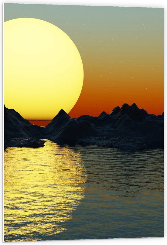 PVC Schuimplaat- Zonsopkomst achter Rotsen bij Sterrenhemel - 60x90 cm ...