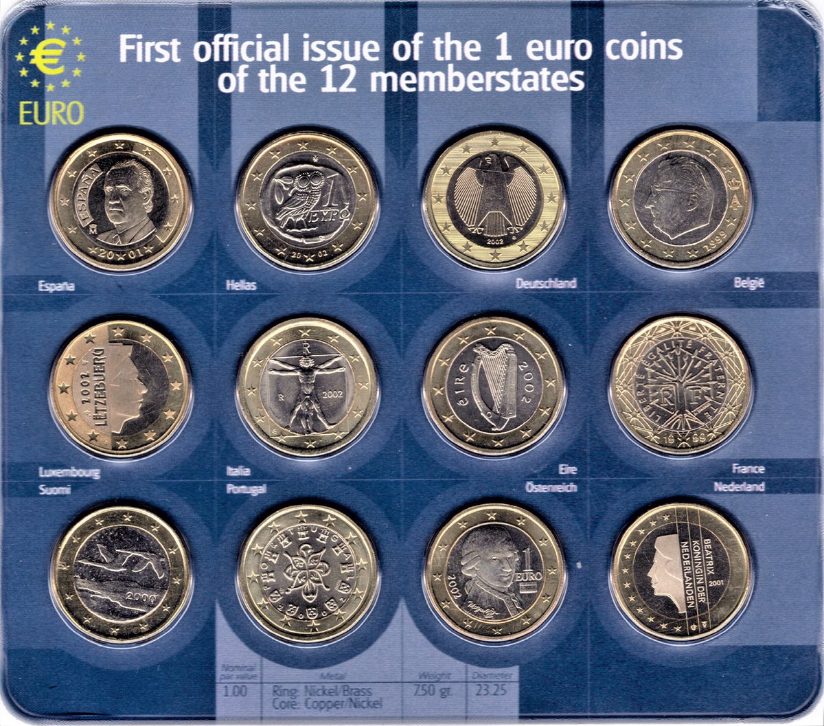 First Official Issue Of The 1 Euro Coins Of The 12 Memberstates Bol