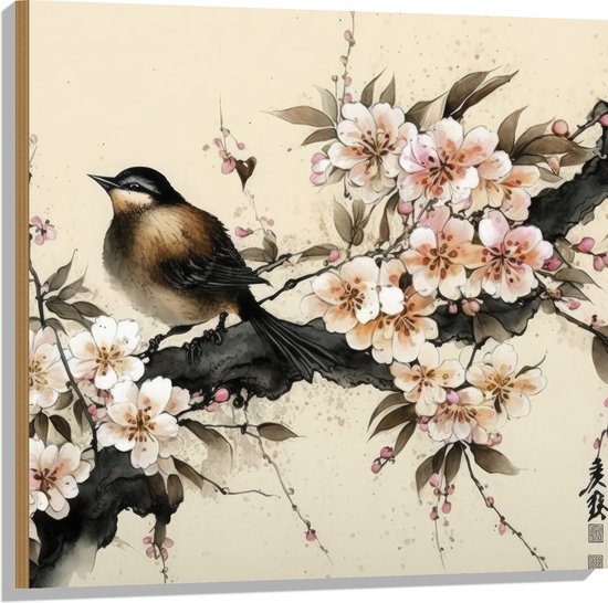 Hout - Tekening van Koolmeesje Zittend op Tak Vol Bloesem Bloemen ...