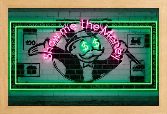 JUNIQE - Poster in houten lijst Neon Show Me the Money -20x30 /Groen ...