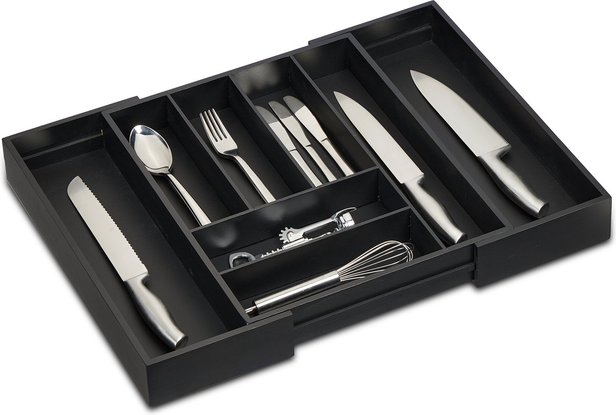 Relaxdays bestekbak uitschuifbaar - 6 - 8 vakken - zwart - bestek ...