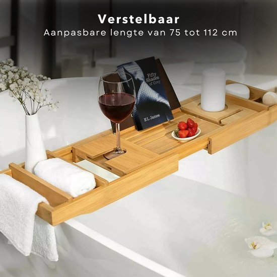Cheqo® Verstelbare Bamboe Badplank - Met Boekenhouder en Wijnglashouder ...