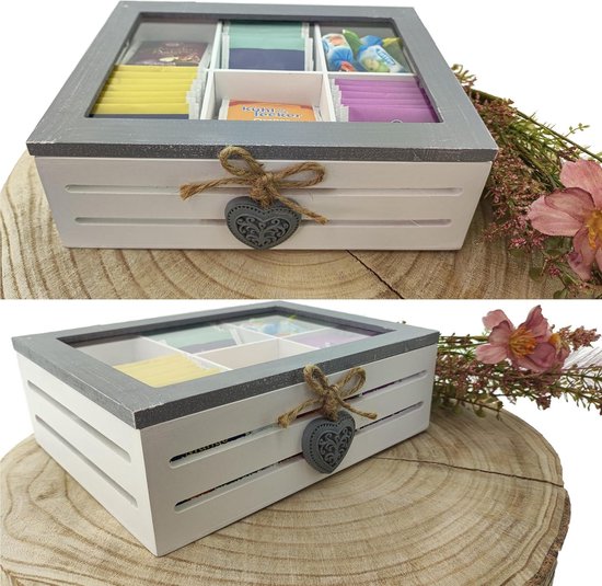 Theedoos 22 cm wit grijs hout papier hartvormige hanger glazen venster ...