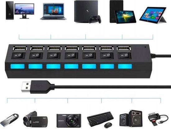 Bredline USB Hub 2.0 - 7 USB poorten- USB Splitter- LED Indicatie - Aan/Uit Switch | bol
