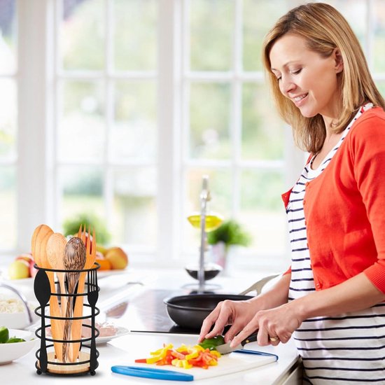 Kitchen Utensil Holder Stainless Steel with Wooden Base - Cooking Spoon ...