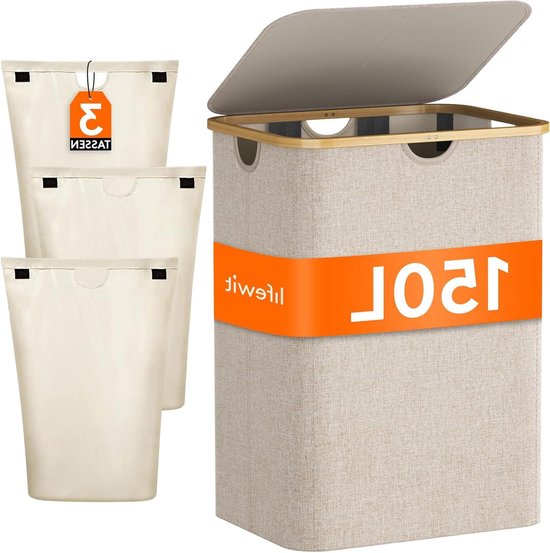 Wasmand 150L - 3 vakken - Beige - Bamboe frame - Met deksel | bol