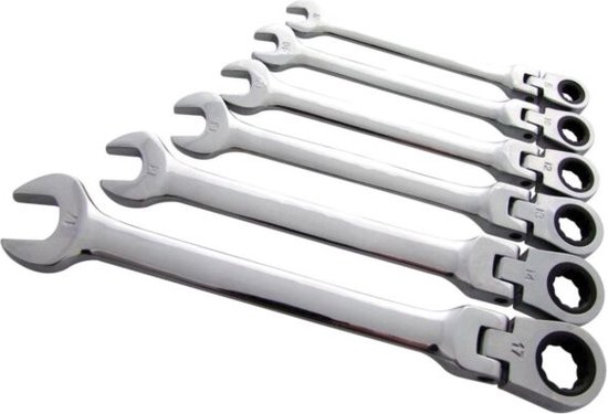 Steek Ring Ratel Sleutelset (6 delig) met flexibele knik kop | bol