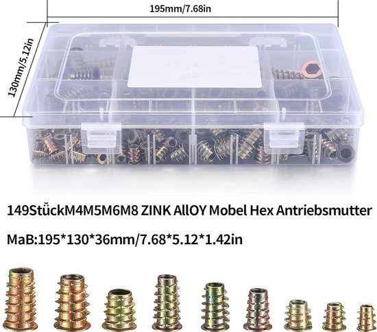 149 Pieces Wooden Screw Nuts Set - M4 M5 M6 M8 - Socket Thread Sleeves ...