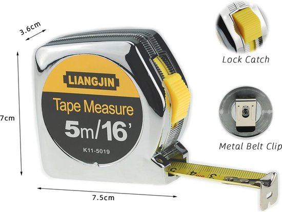 Intrekbare meetband 5 meter - Verchroomd meetlint met metalen riemclip ...